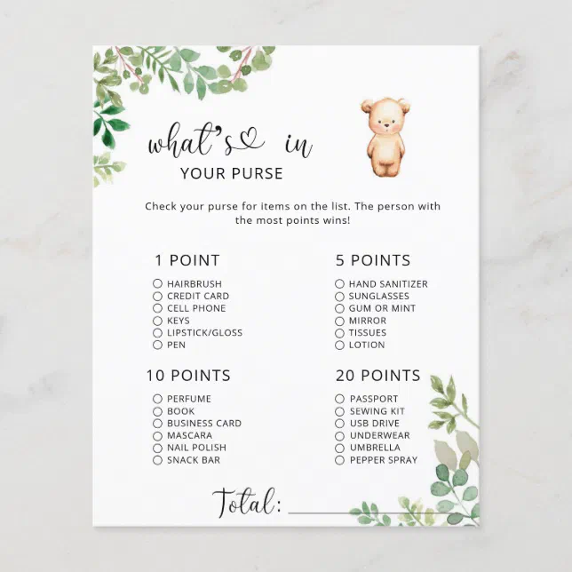Little bear whats in your purse baby shower game | Zazzle