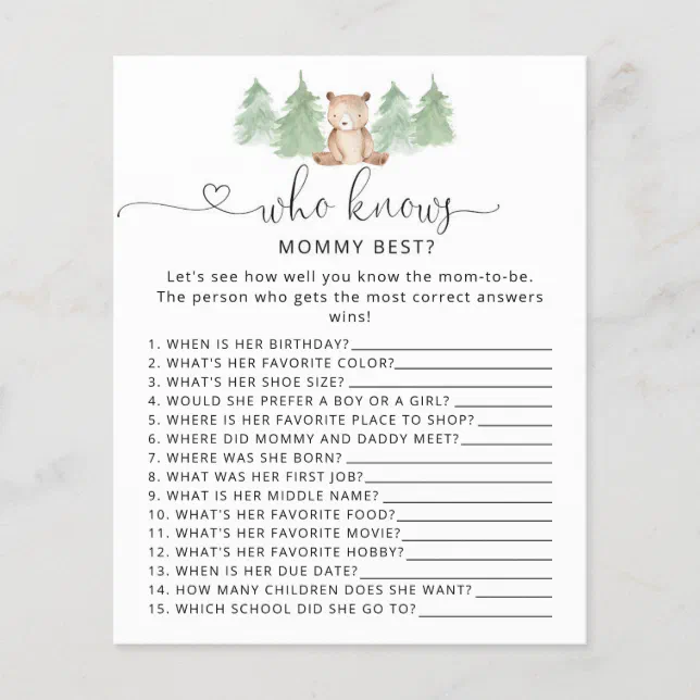 Little bear Who knows mommy best baby shower game | Zazzle