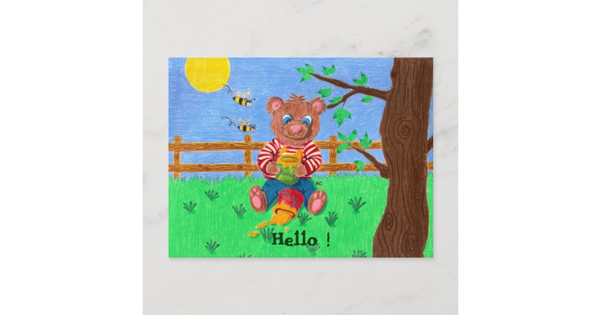 Little bear with honey, Hello ! Postcard | Zazzle