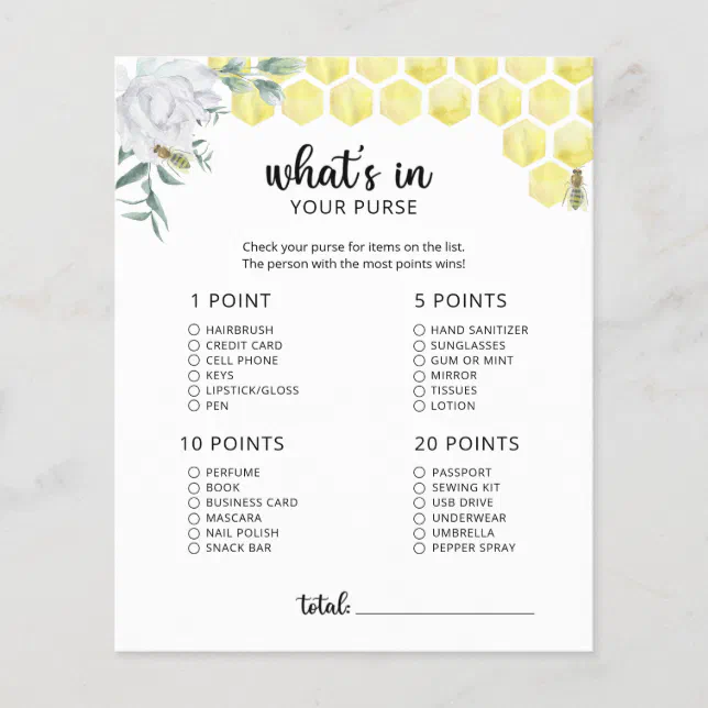 Little bee whats in your purse baby shower game | Zazzle