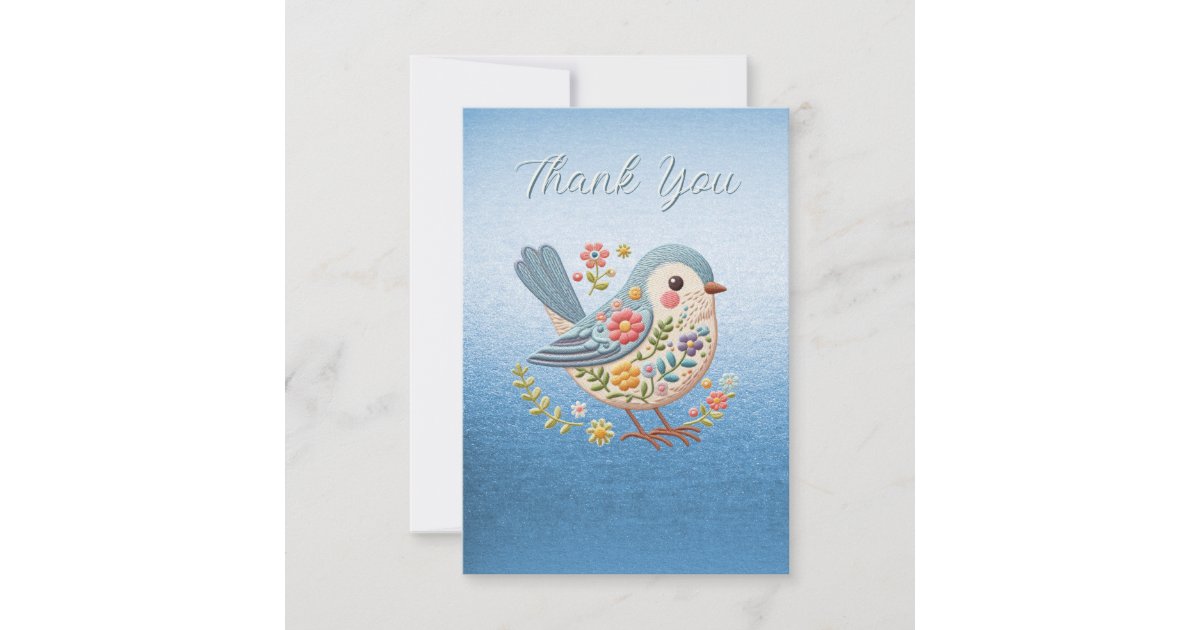 Little Bird Floral Embroidery Blue Thank You Card | Zazzle