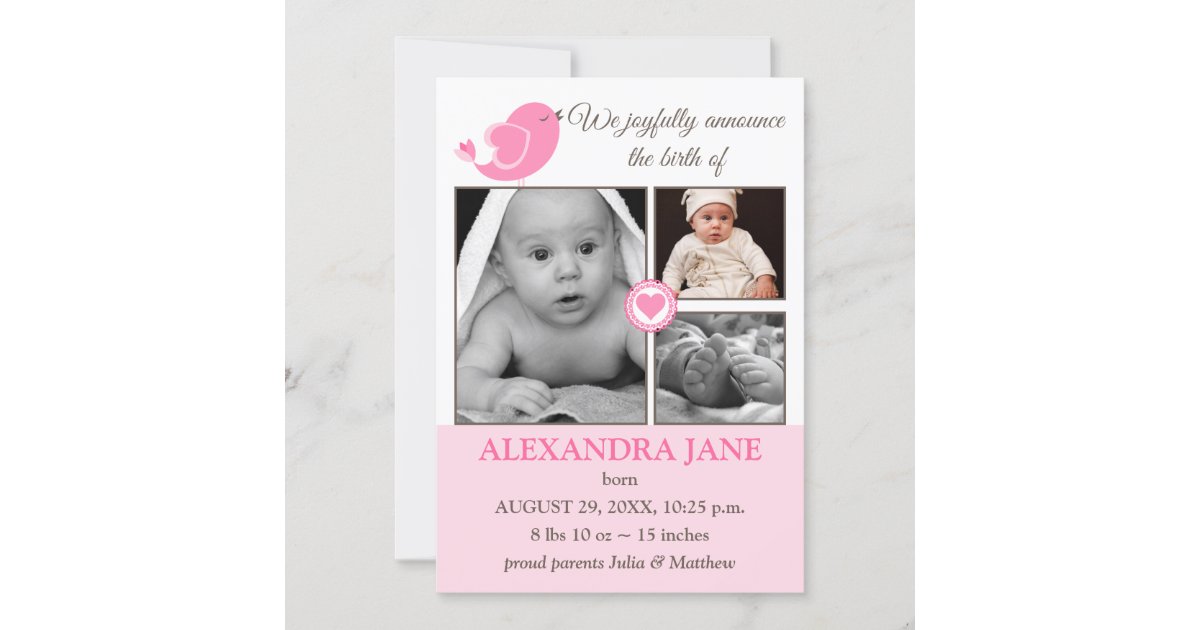 Little Bird Hearts Baby Photo Birth Announcement | Zazzle