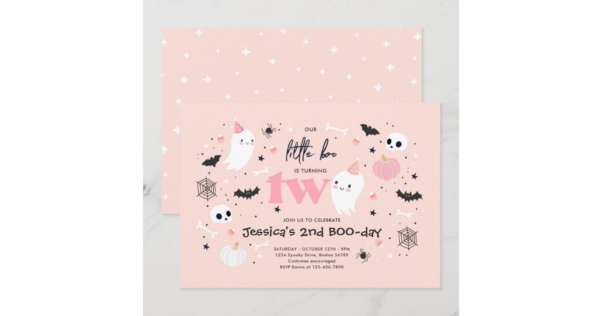 Little Boo Cute Pink Ghost Halloween 2nd Birthday Invitation | Zazzle