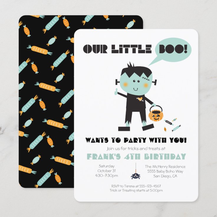 Little Boo Frankenstein Halloween Birthday Party Invitation | Zazzle