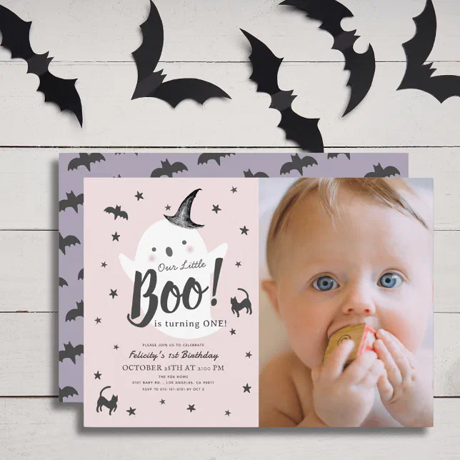 Little Boo Ghost Halloween Pink 1st Birthday Photo Invitation | Zazzle