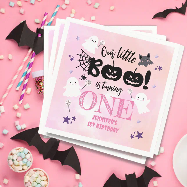 Little Boo! Girl Pink Cute Halloween 1st Birthday Napkins | Zazzle