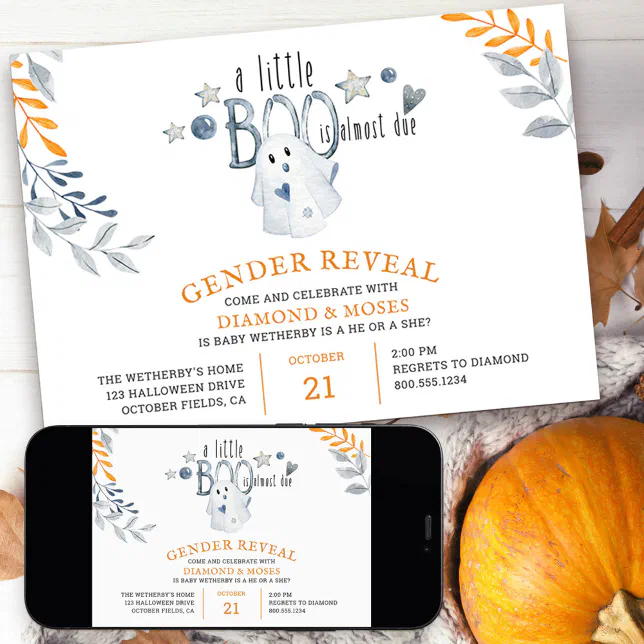 Little Boo is Almost Due Halloween Gender Reveal Invitation | Zazzle