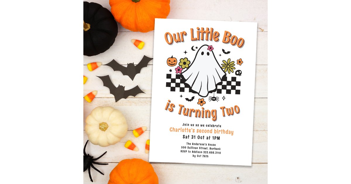 Little Boo Turning Two Retro Ghost 2nd Birthday Invitation | Zazzle
