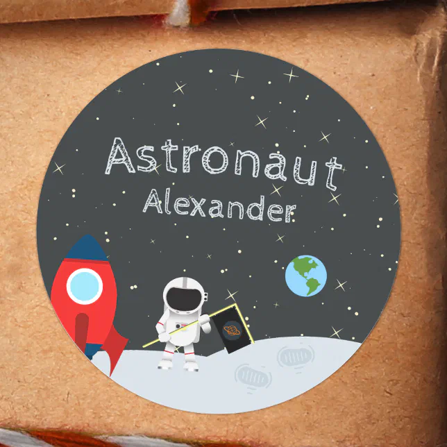 Little Boy Astronaut on Moon, First Name Space Classic Round Sticker ...