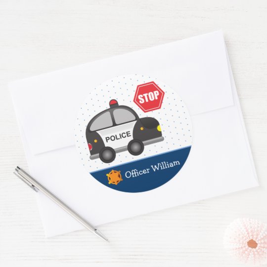 Little Boy Police Officer and Car Kid Blue Classic Round Sticker ...