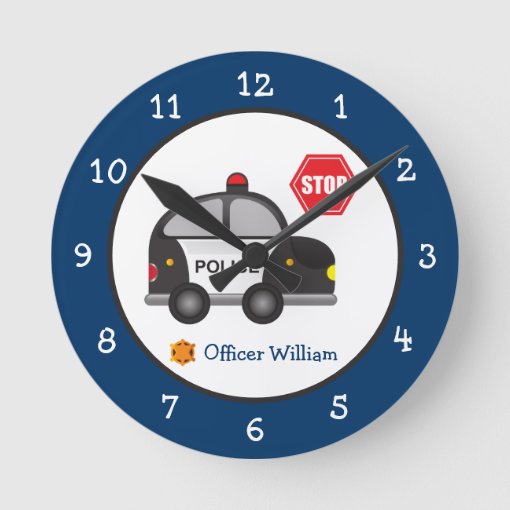 Little Boy Police Officer and Car Round Clock | Zazzle