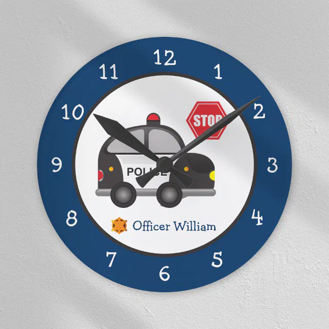 Little Boy Police Officer and Car Round Clock | Zazzle
