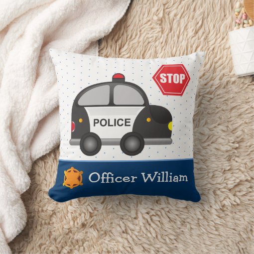 Little Boy Police Officer and Car Throw Pillow | Zazzle