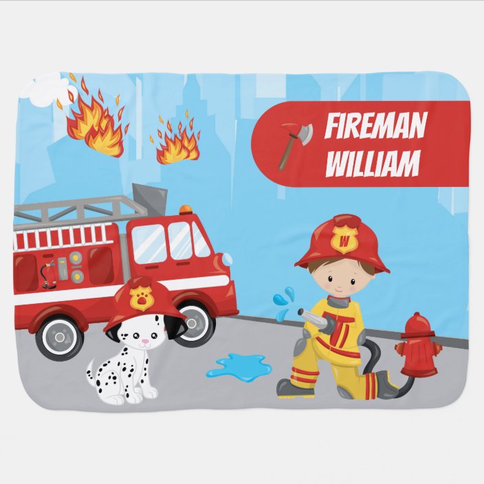 Little Boy's Cartoon Fireman with First Name Baby Blanket | Zazzle.com