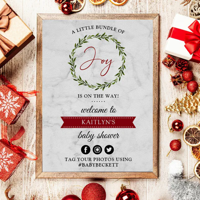 Little Bundle Of Joy Christmas Baby Shower Welcome Poster | Zazzle