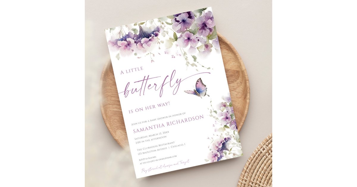 Little butterfly is on the way purple baby shower invitation | Zazzle