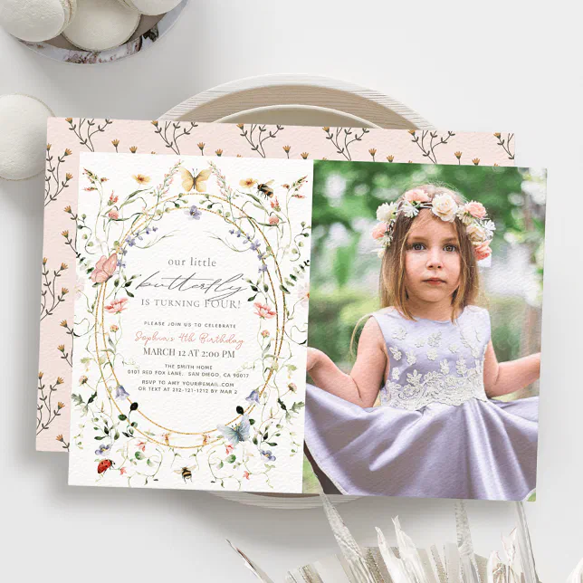 Little Butterfly Wildflower Bee Photo Birthday Invitation | Zazzle