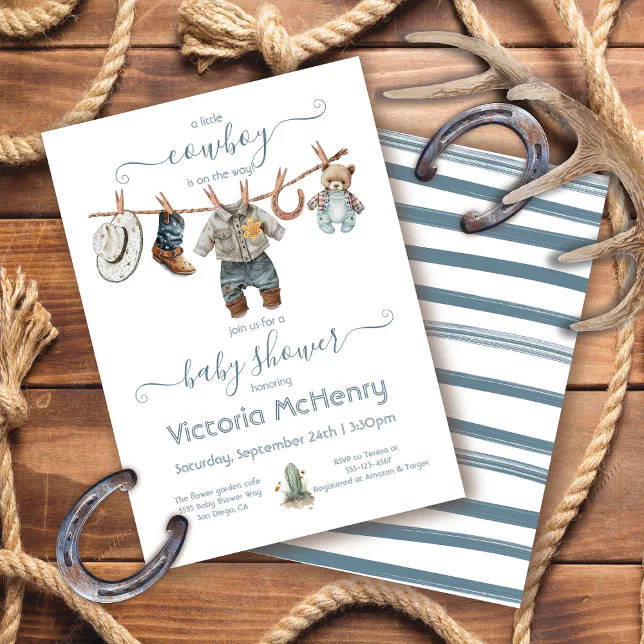 Little Cowboy Baby Boy Clothesline Baby Shower Invitation | Zazzle