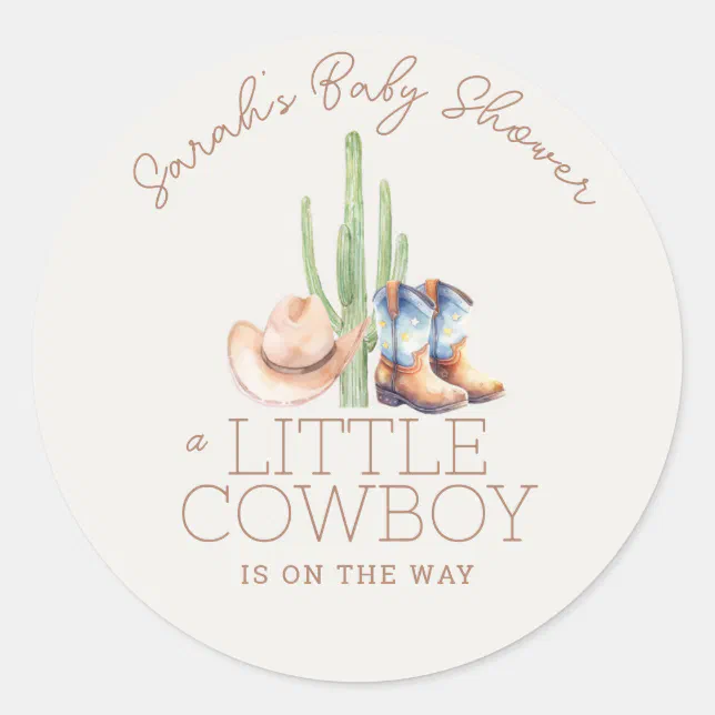 Little Cowboy Baby Shower Round Sticker | Zazzle