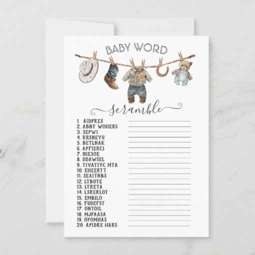 Little Cowboy Clothesline Baby Word Scramble Invitation | Zazzle