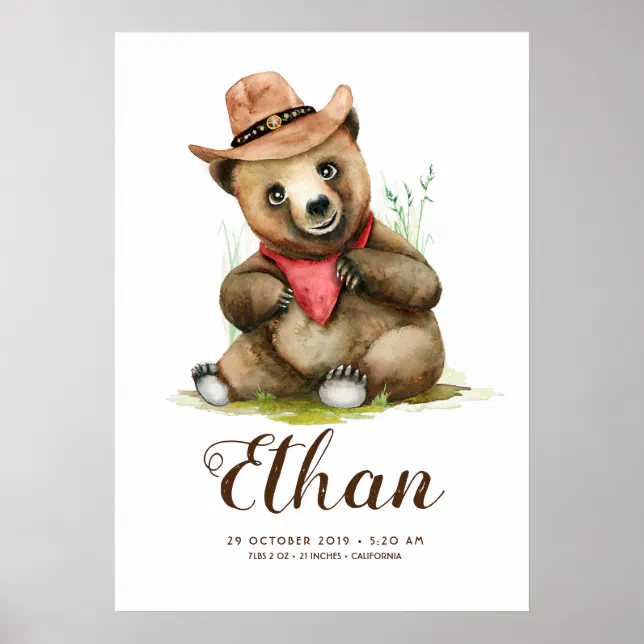 Little Cowboy - Young Bear Cute Kid Room Poster | Zazzle