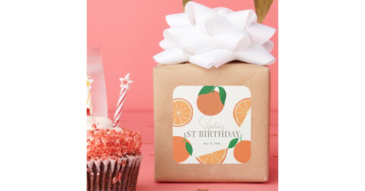 Little Cutie Modern Orange Birthday Square Sticker | Zazzle