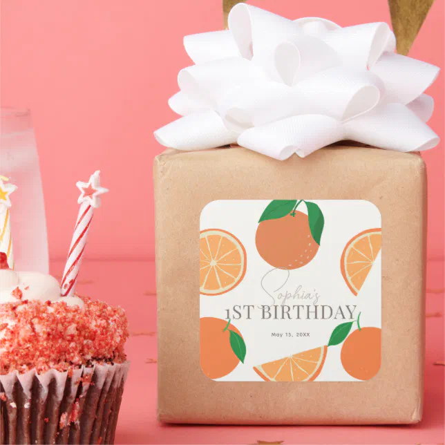 Little Cutie Modern Orange Birthday Square Sticker | Zazzle
