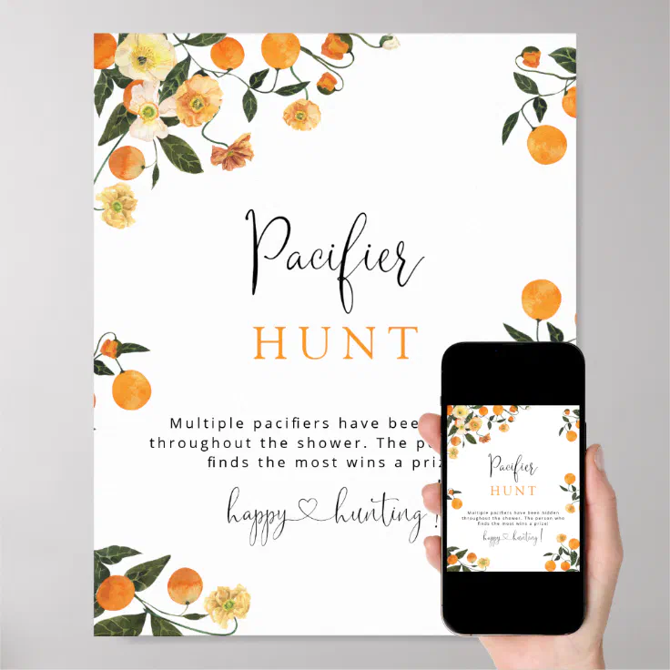 Little Cutie Orange Pacifier Hunt Baby Shower Game Poster | Zazzle