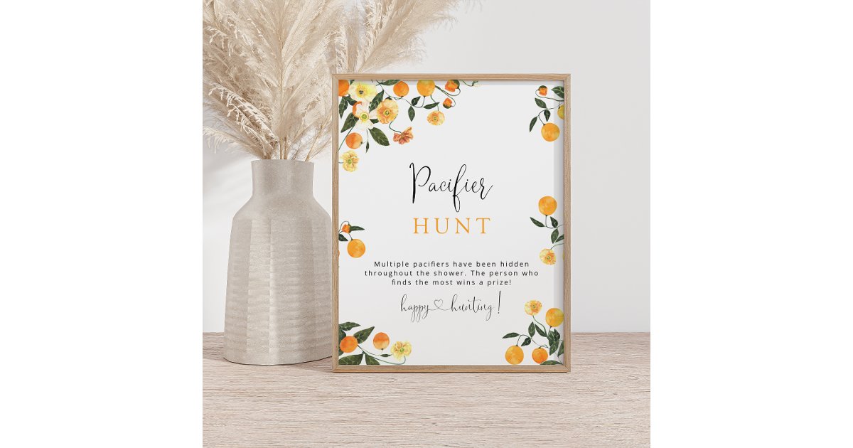 Little Cutie Orange Pacifier Hunt Baby Shower Game Poster | Zazzle