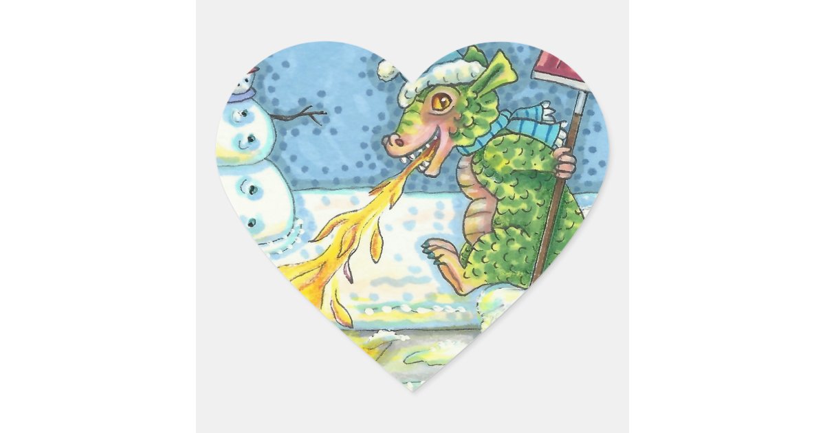 LITTLE DRAGON MELTING & SHOVELING SNOW, FUNNY CUTE HEART STICKER | Zazzle