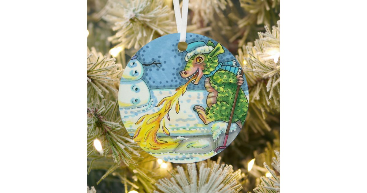 LITTLE DRAGON MELTING & SHOVELING SNOW, FUNNY CUTE METAL ORNAMENT | Zazzle