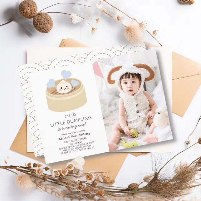Little Dumpling Blue Boy 1st Birthday Photo Invitation | Zazzle