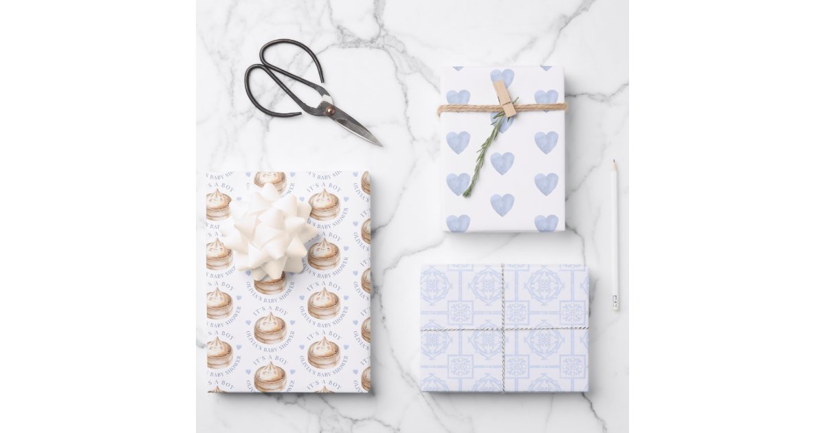 Little Dumpling Blue Watercolor Boy Baby Shower Wr Wrapping Paper ...