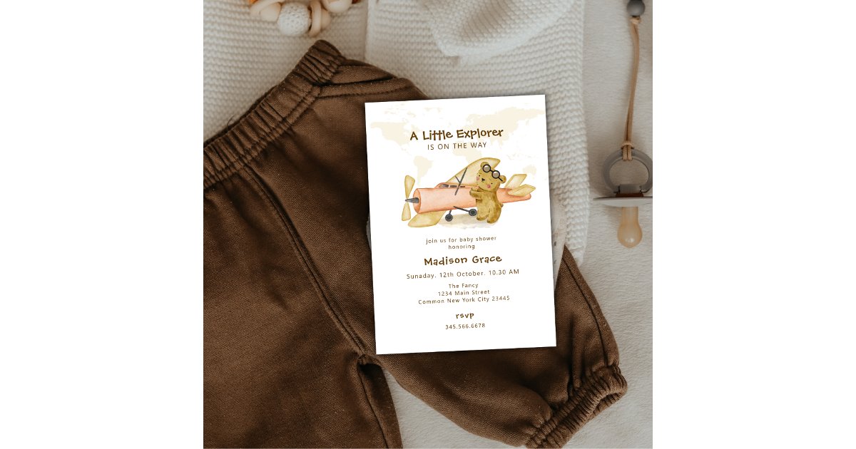 Little Explorer Bear Map Airplane Baby Shower Invitation | Zazzle