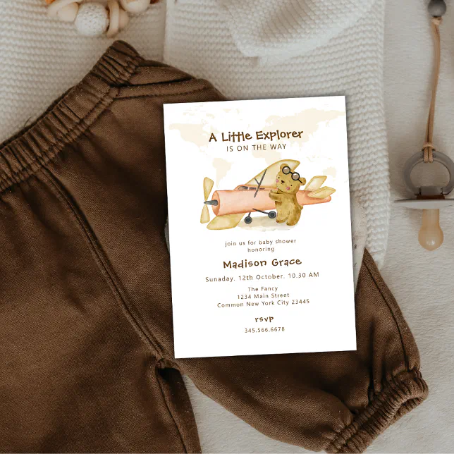 Little Explorer Bear Map Airplane Baby Shower Invitation | Zazzle