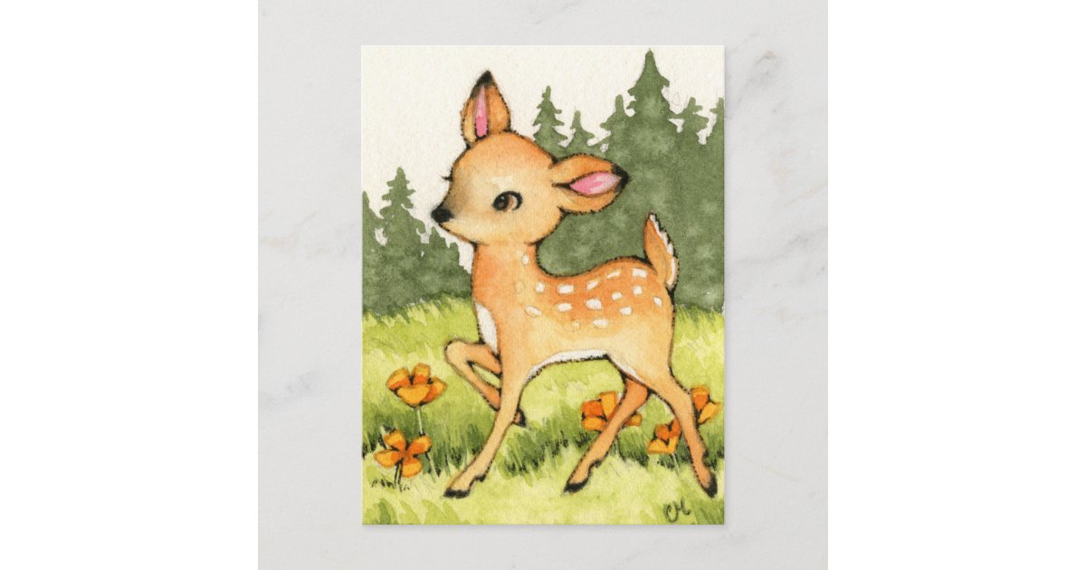 Little Fawn - Cute Deer Art Postcard | Zazzle