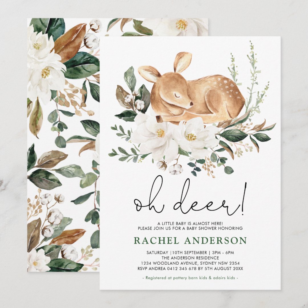 Little Fawn | Forest Deer White Floral Baby Shower Invitation | Zazzle