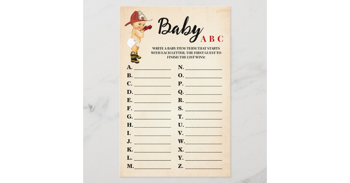 Little Firefighter Baby ABC Baby Shower Game Card Flyer | Zazzle