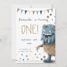 Little furry monster first birthday invitation | Zazzle