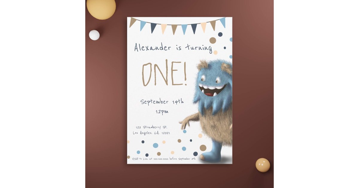 Little furry monster first birthday invitation | Zazzle