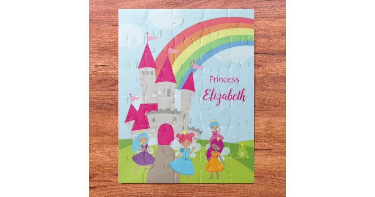 Little Girl Fairy Princess with Rainbow and Castle Jigsaw Puzzle | Zazzle