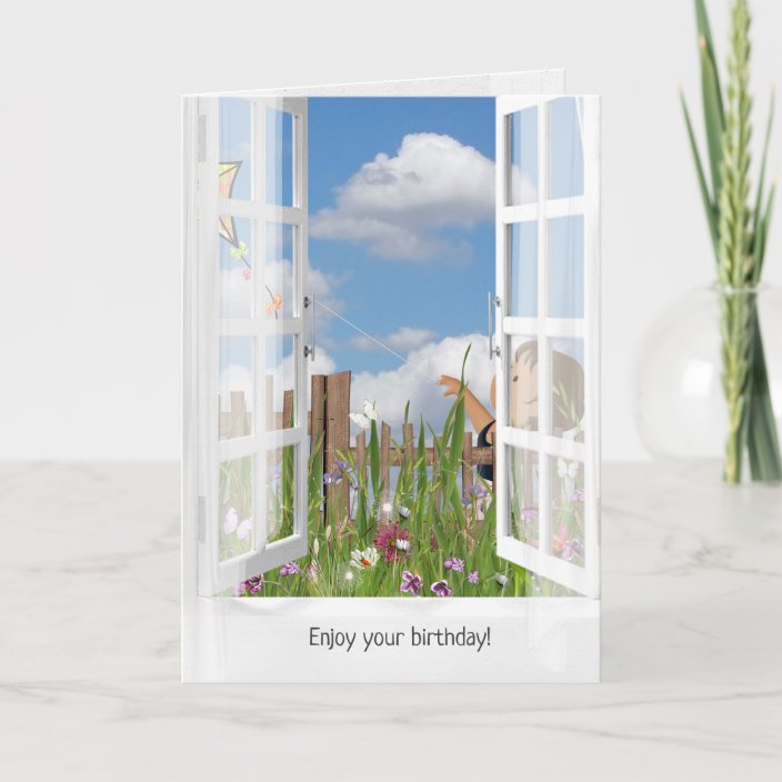 Little girl flying a kite in window view card | Zazzle.com