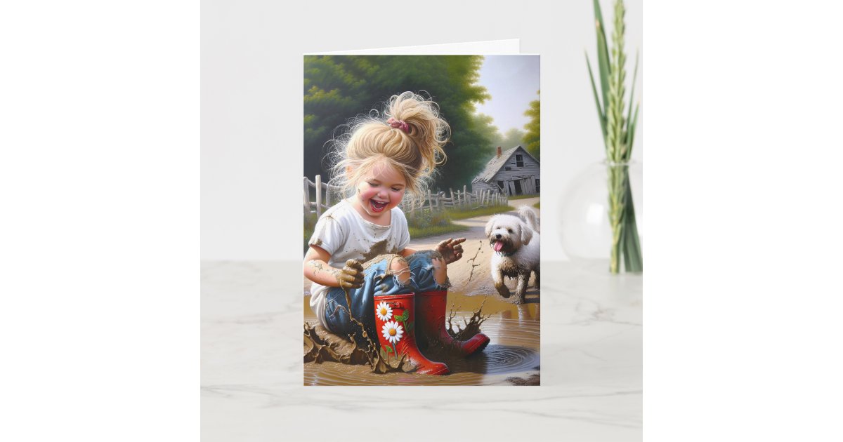 Little Girl In a Mud Puddle Birthday Card | Zazzle