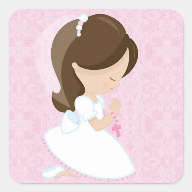 Little Girl, Pink, First Communion Square Sticker | Zazzle