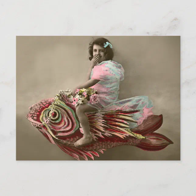 Little Girl Riding a Fish Postcard | Zazzle