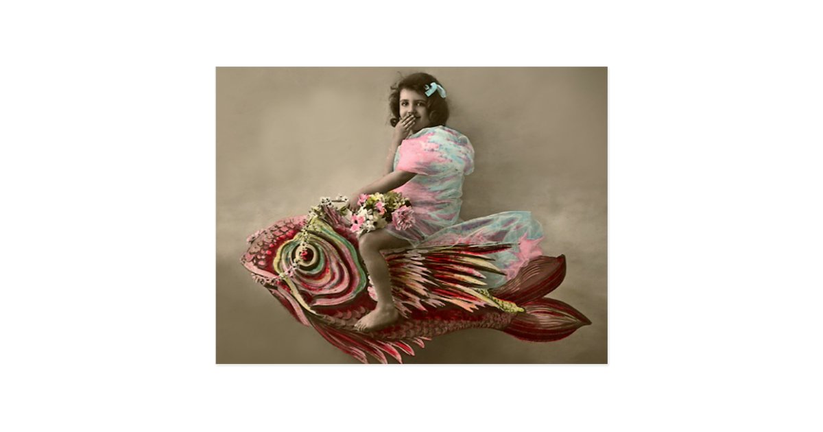 Little Girl Riding a Fish Postcard | Zazzle.com