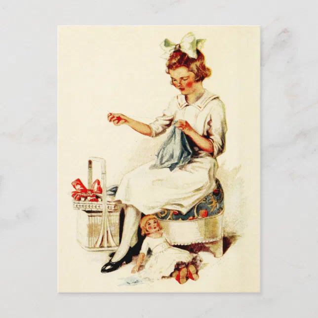Little Girl Sewing Postcard | Zazzle