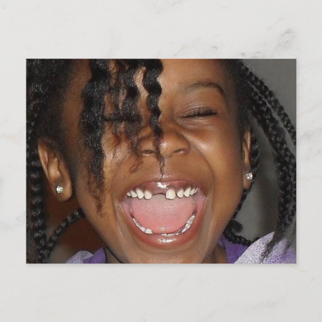 Little girl smiling hard missing teeth postcard | Zazzle