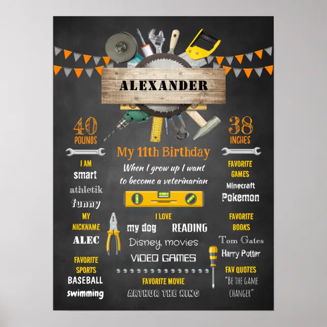 Little Handyman Birthday Milestone Birth Stats Poster | Zazzle