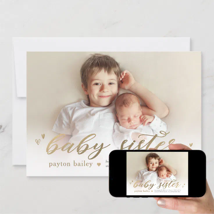 Little Hearts Baby Sister Birth Announcement | Zazzle